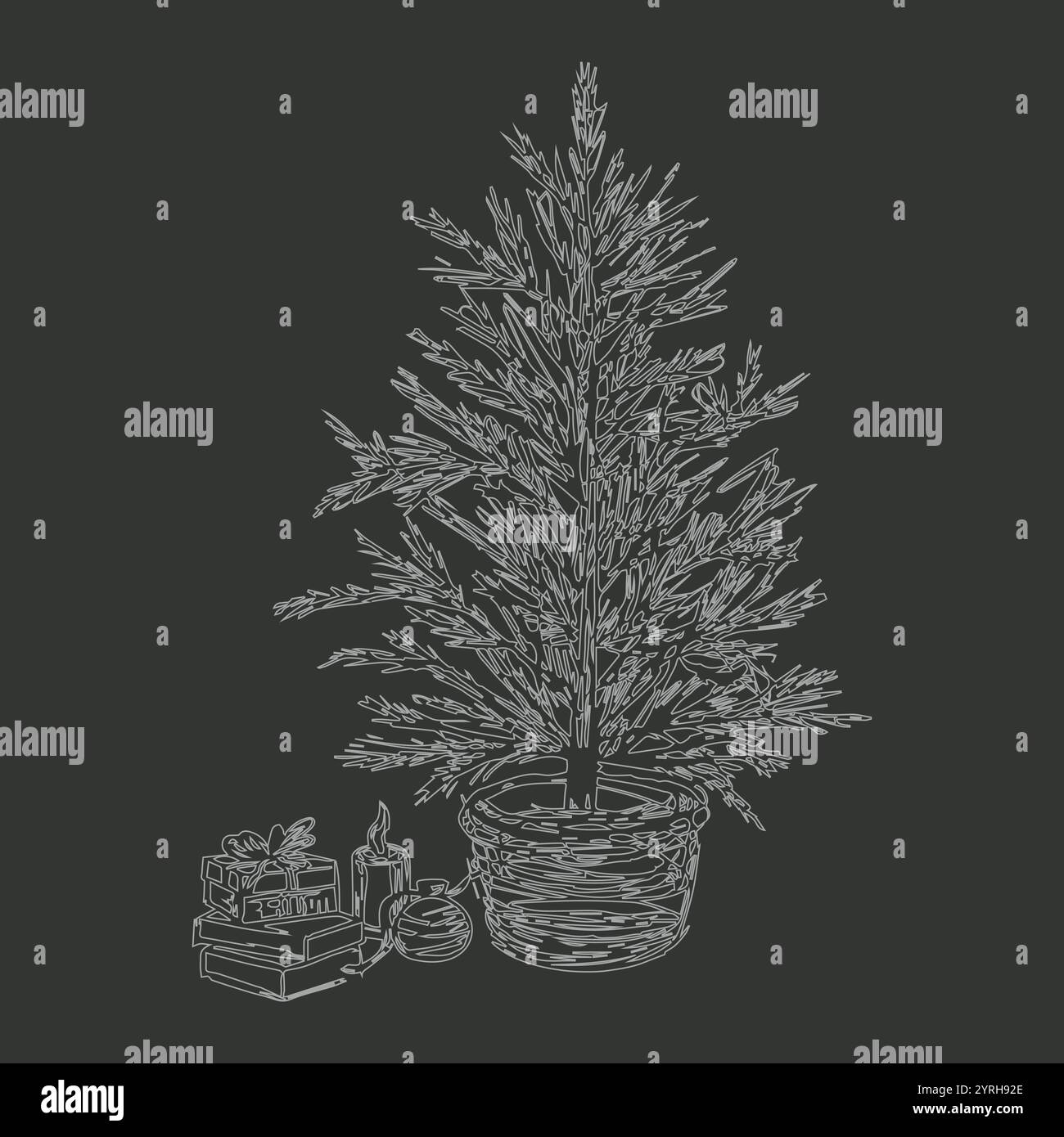 Christmas tree with gifts sketch style drawing. Hand drawn in hatching ...