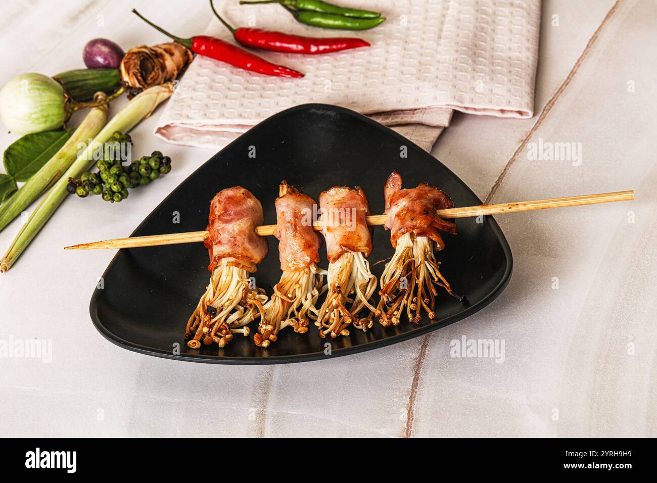 Thai Street foof satay with bacon and mushroom enoki skewer Stock Photo ...