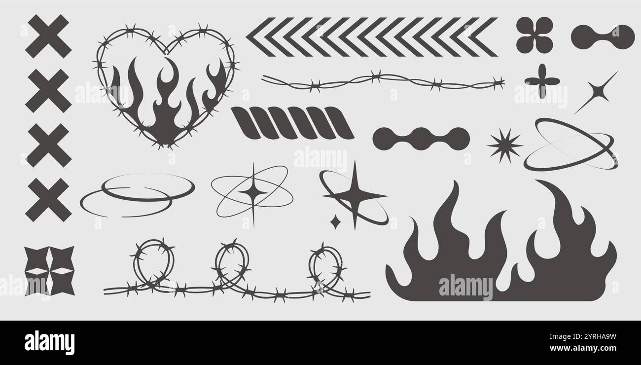 Y2k geometric elements border set, heart with flame, barbed wire, grid ...