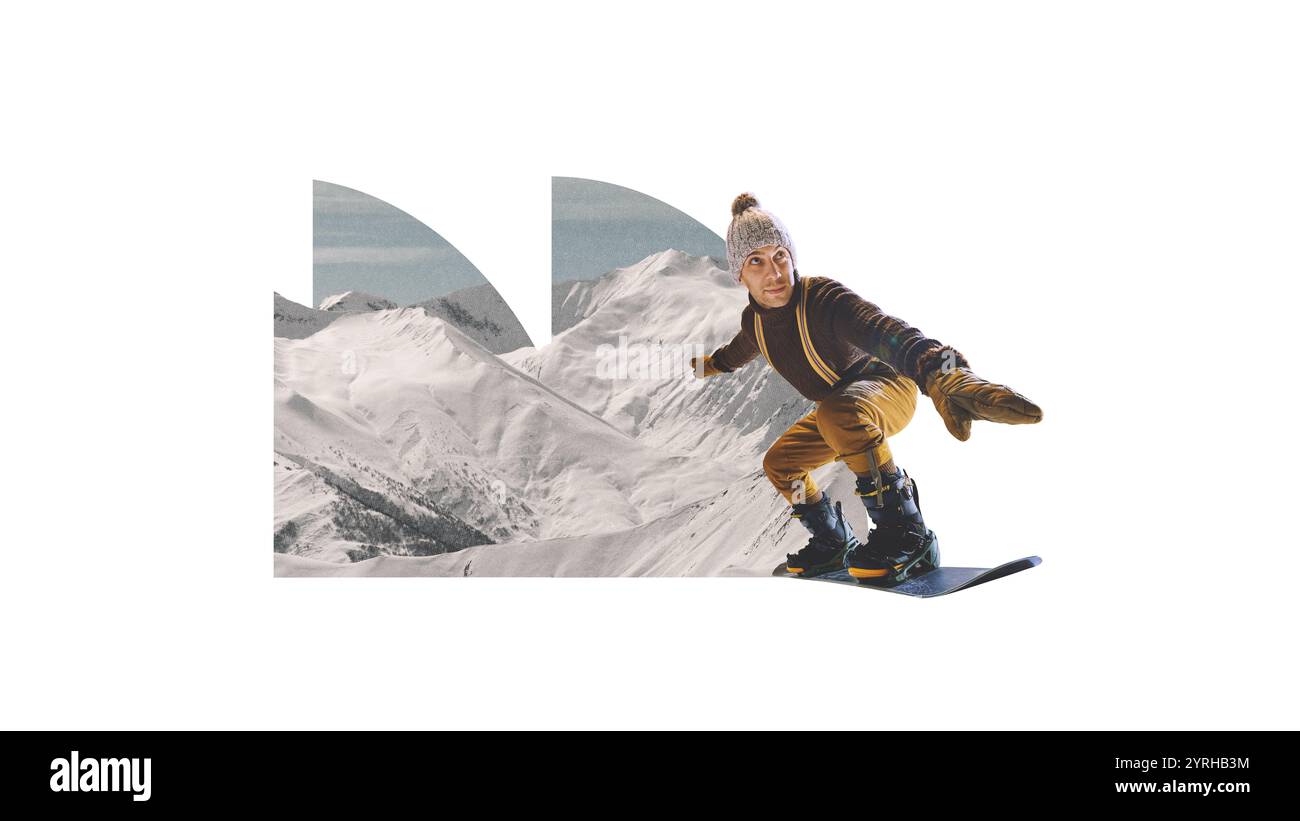 Contemporary art collage. Snowboarder in vintage winter clothing rides ...