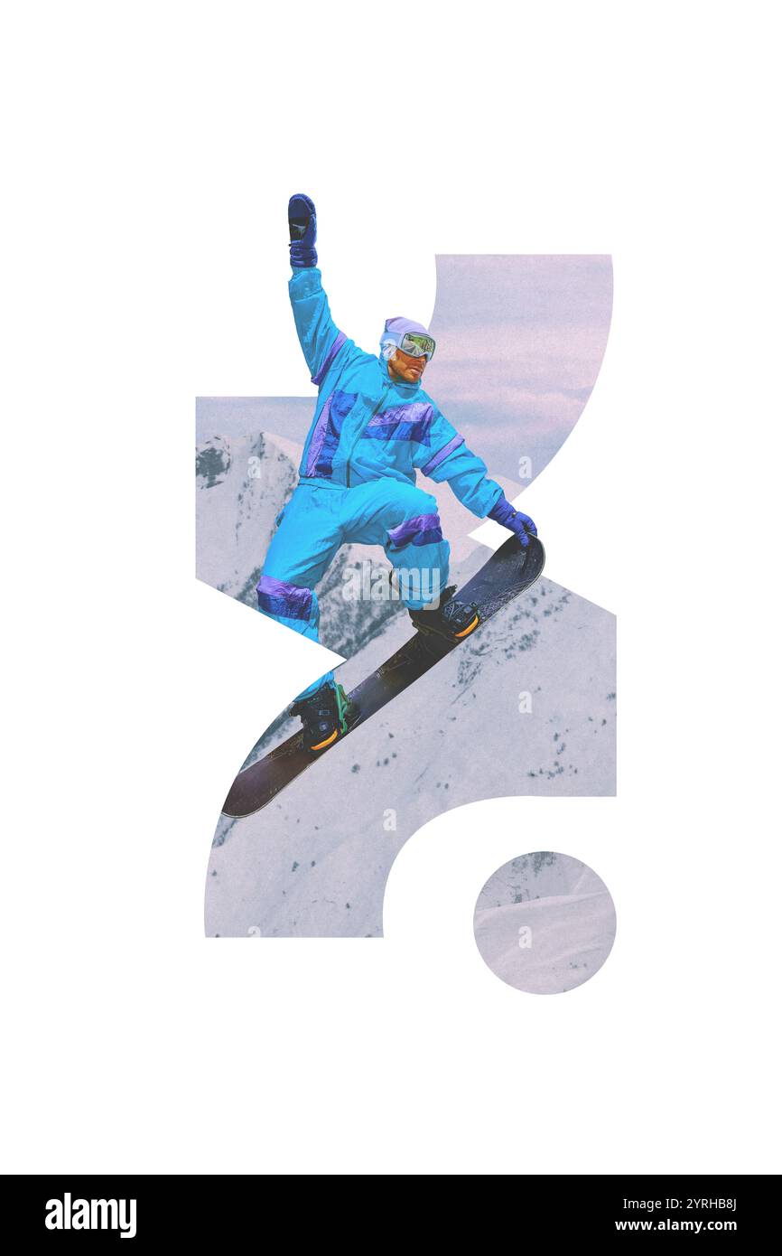 Contemporary art collage. Snowboarder in blue gear leaps into air ...
