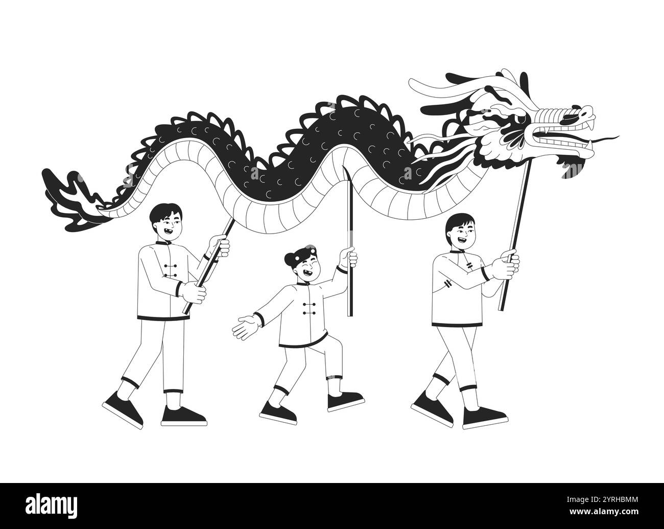 Chinese New Year dragon dance linear illustration Stock Vector Image ...