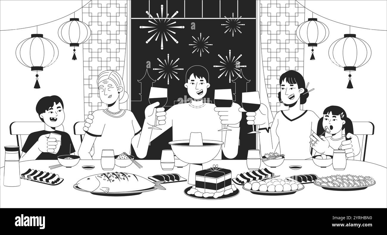 Chinese New Year reunion dinner black and white line illustration Stock ...