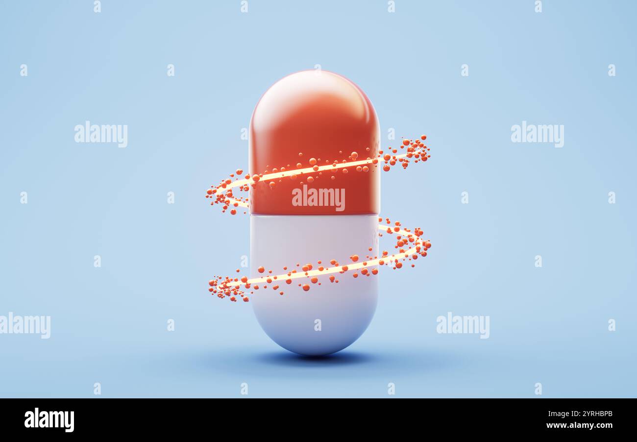Medical capsule and flowing particles, 3d rendering. 3D illustration ...