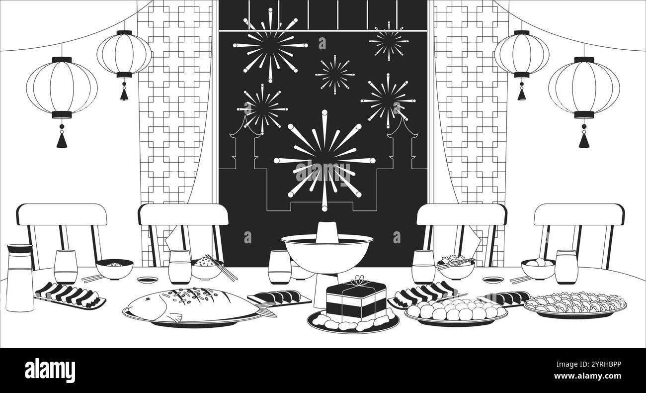 Traditional Lunar New Year foods table black and white line ...