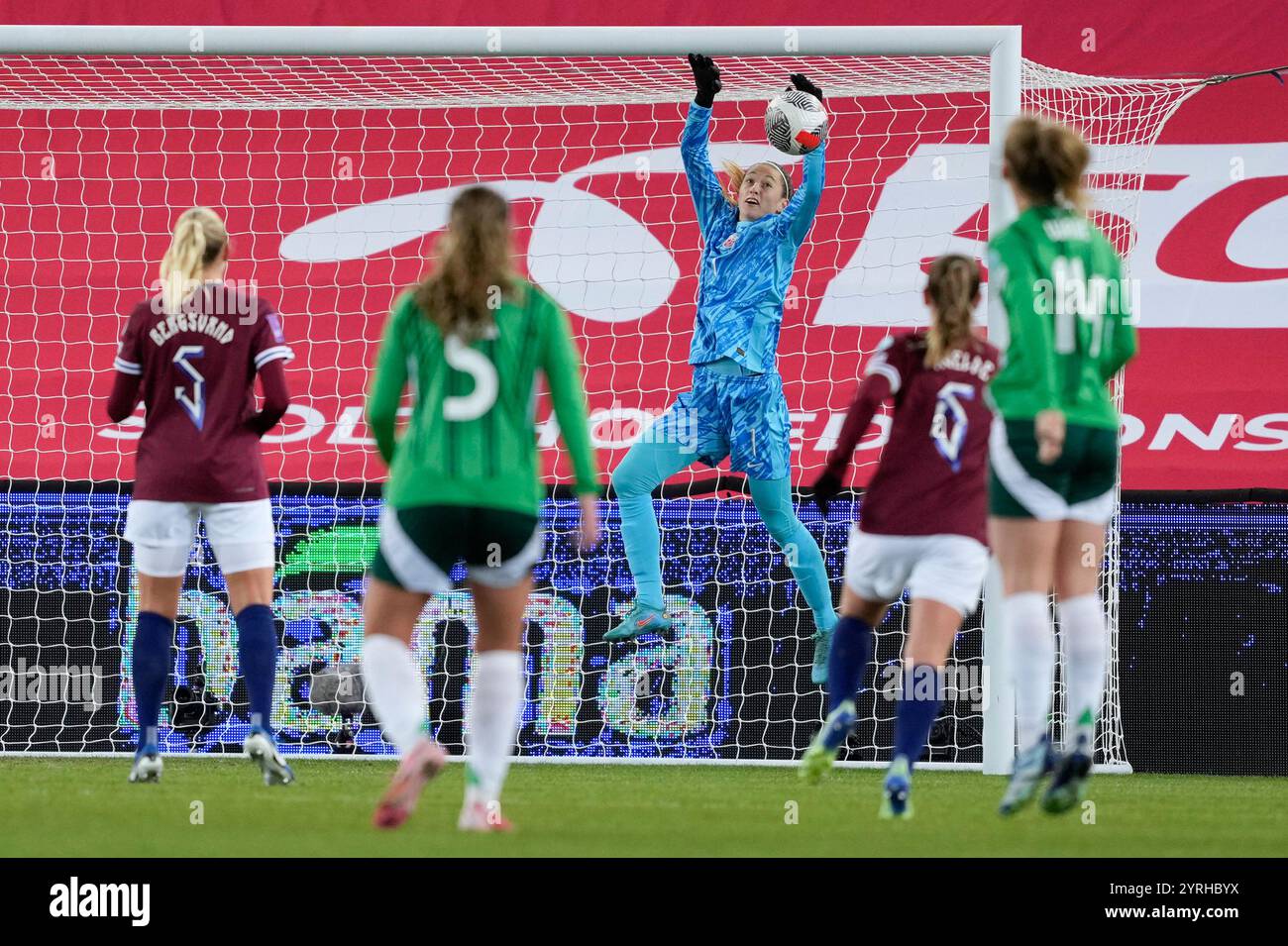 Oslo 20241203. Cecilie Fiskerstrand with a save during the European ...