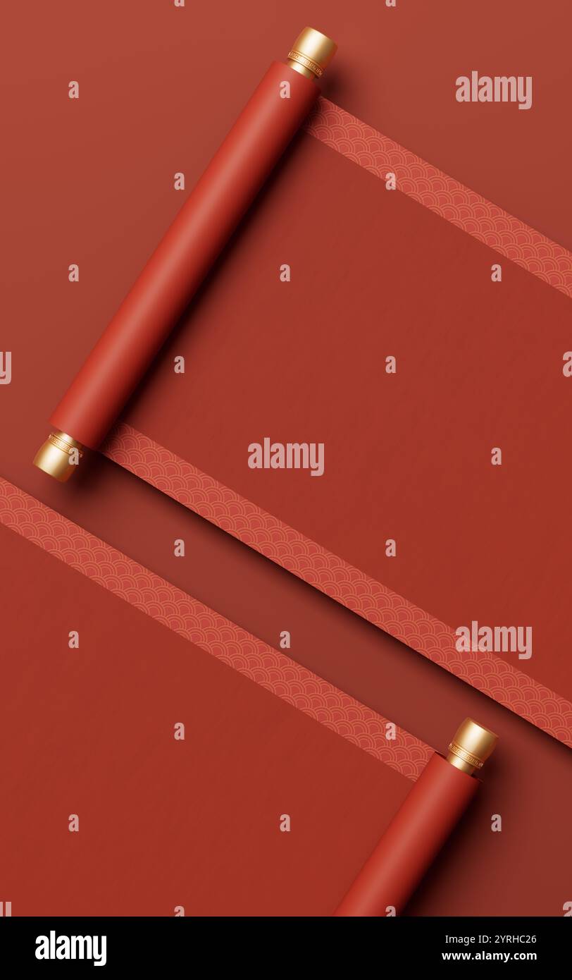 Blank Chinese ancient red reel banner, 3d rendering. 3D illustration ...