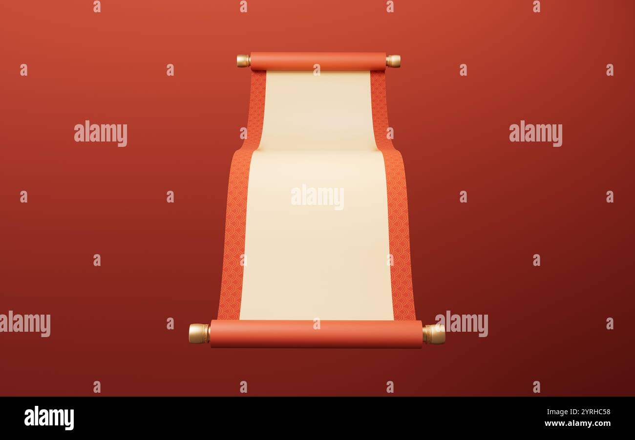 Blank Chinese ancient red reel banner, 3d rendering. 3D illustration ...