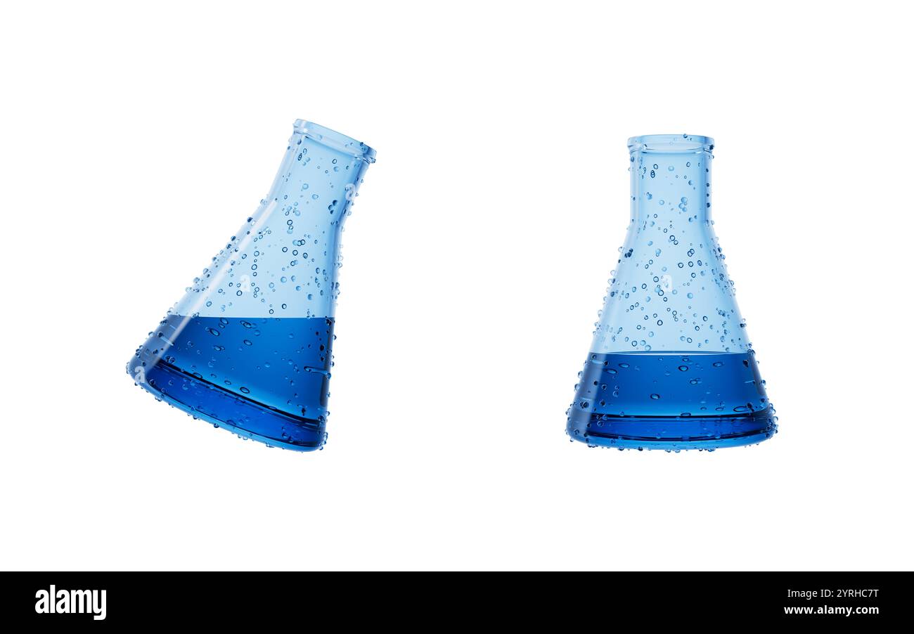 Transparent conical flask and water bubbles, 3d rendering. 3D ...