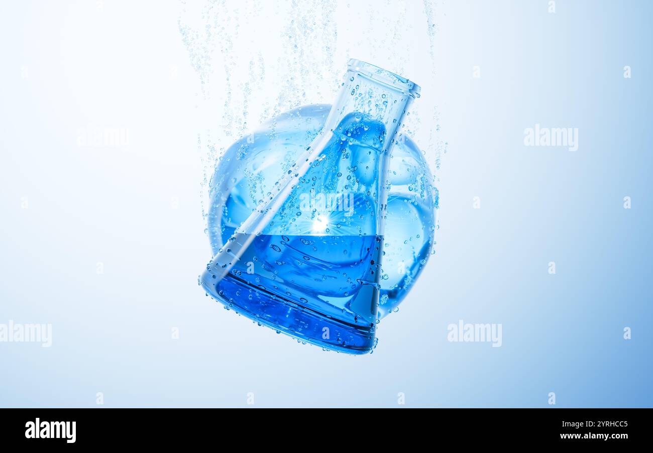 Transparent conical flask and water bubbles underwater, 3d rendering ...