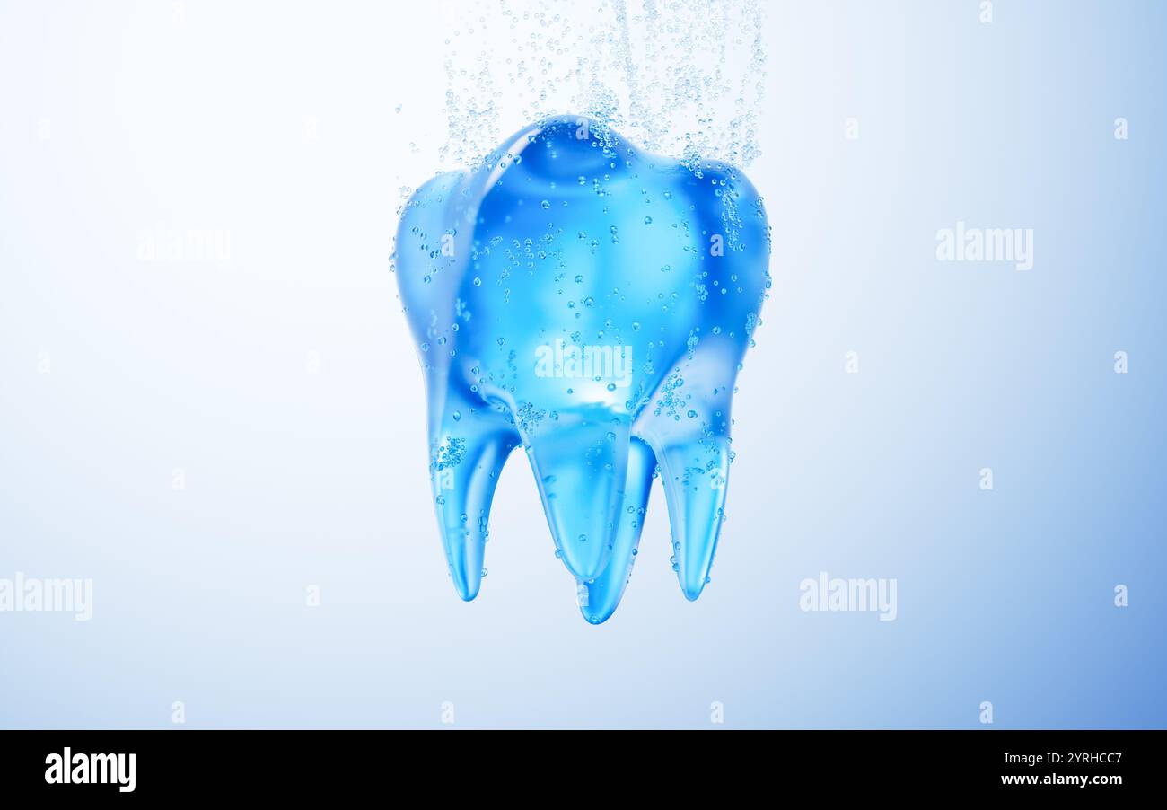 Transparent blue tooth and water bubbles underwater, 3d rendering. 3D ...