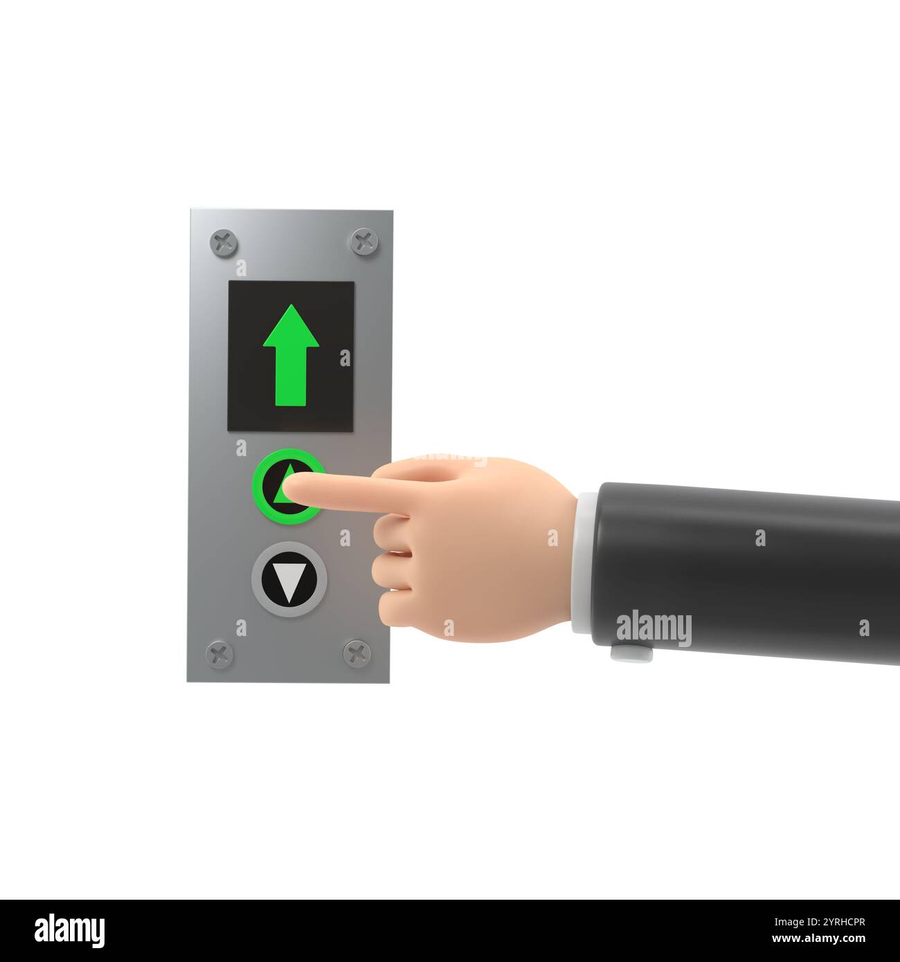 Businessman presses the lift button. 3d illustration flat design.Call ...