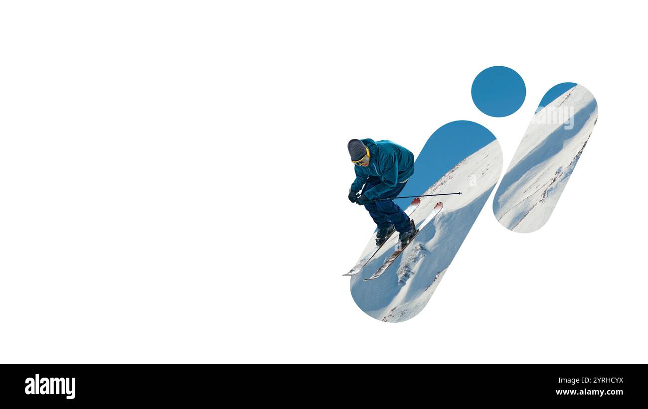 Contemporary art collage. Skier speeding down slopes, embodying spirit ...
