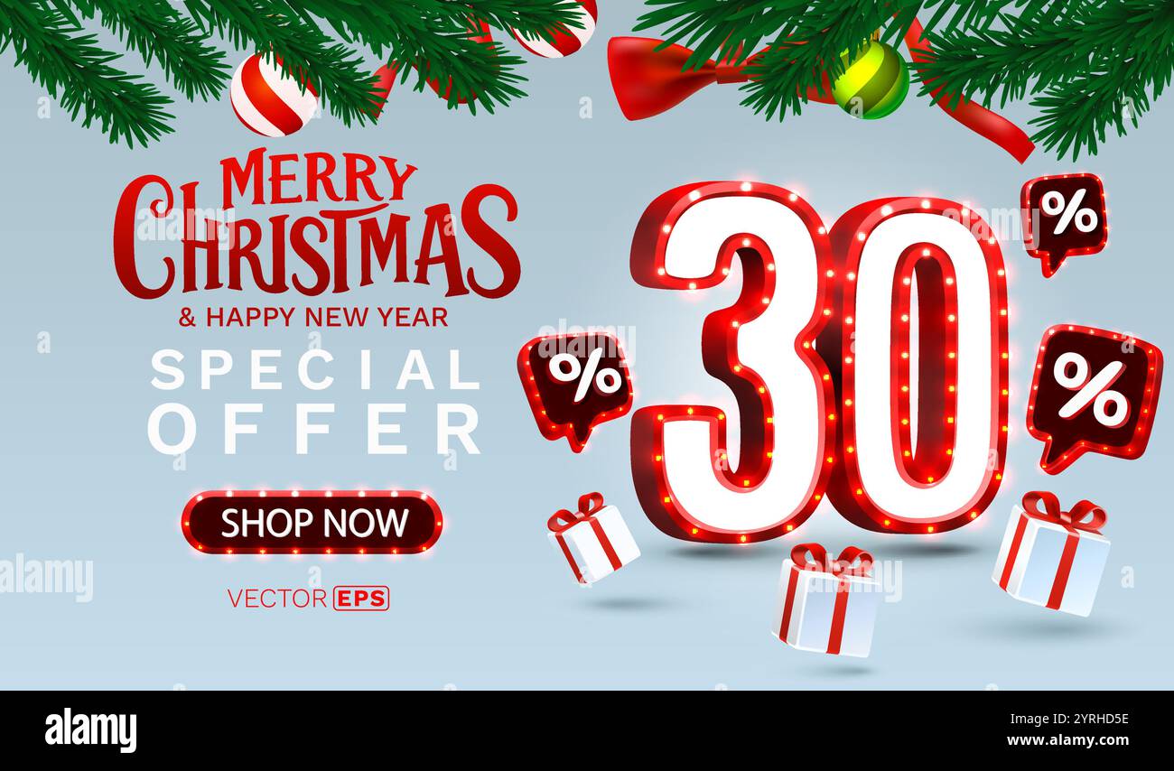 Merry Christmas, 30 percent Off discount. Sale banner and poster ...