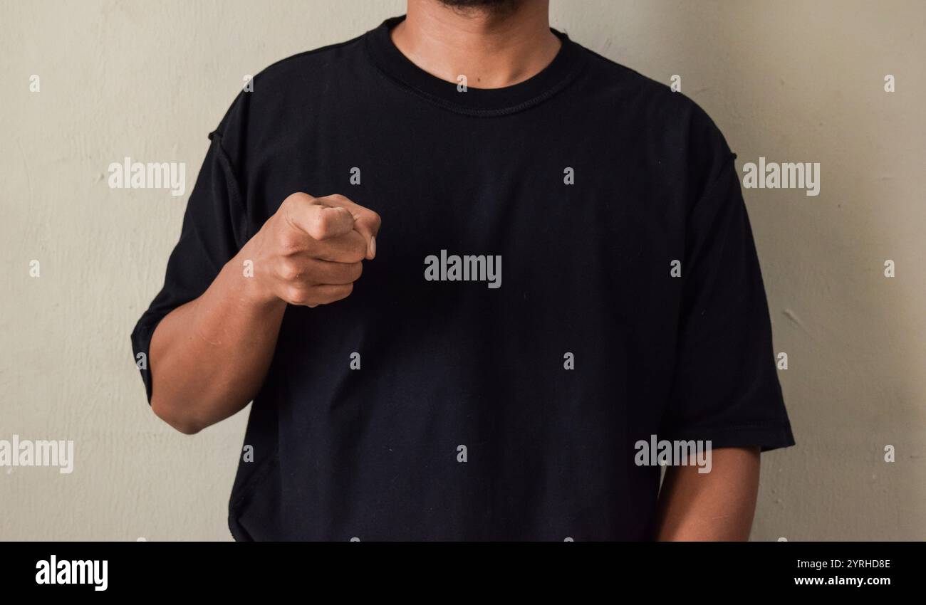 Young man interpreter of brazillian sign language, Libras, making the ...