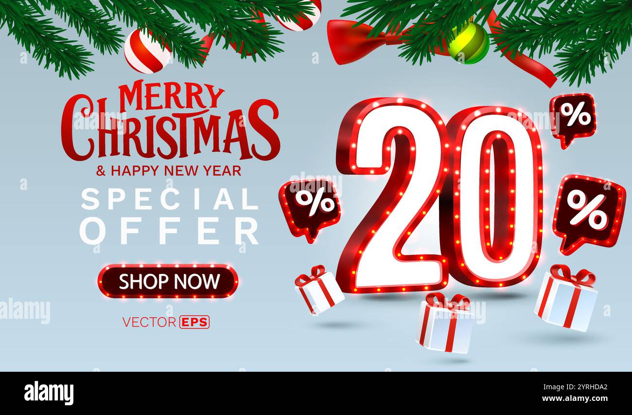 Merry Christmas, 20 percent Off discount. Sale banner and poster. Vector Stock Vector Image ...