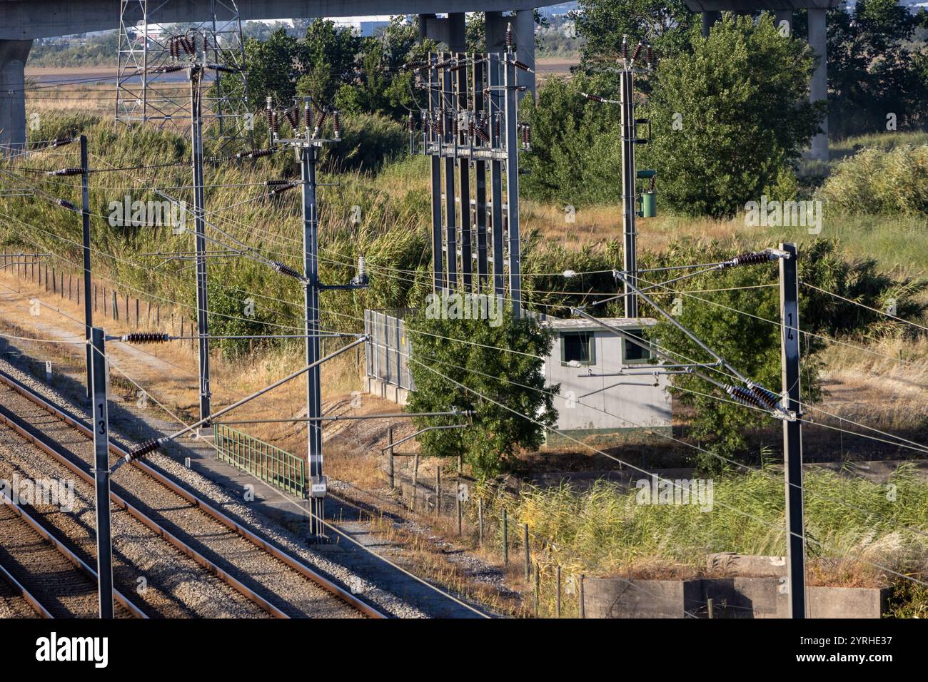 Electrical infrastructure powers railway lines, featuring power lines ...