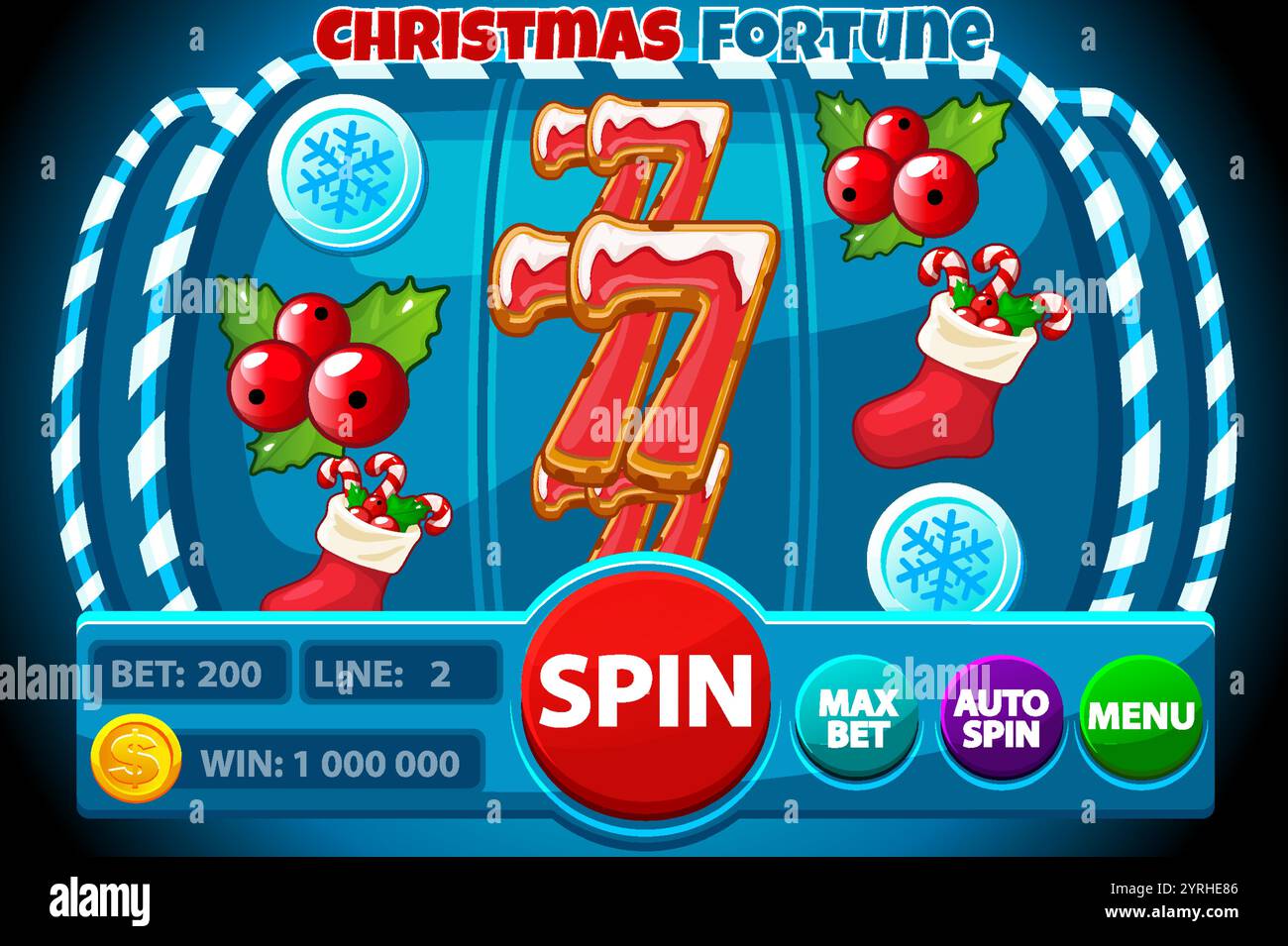 Christmas fortune, Blue SLOT machine interface with Christmas icons ...