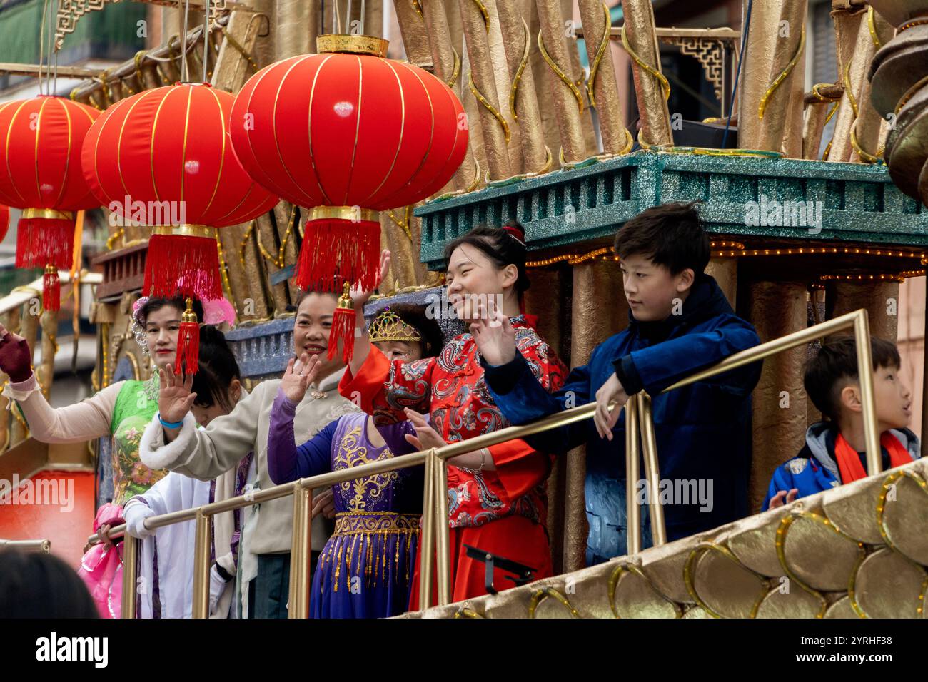 Float with red lanterns on the chinese New Year festival parade on a ...