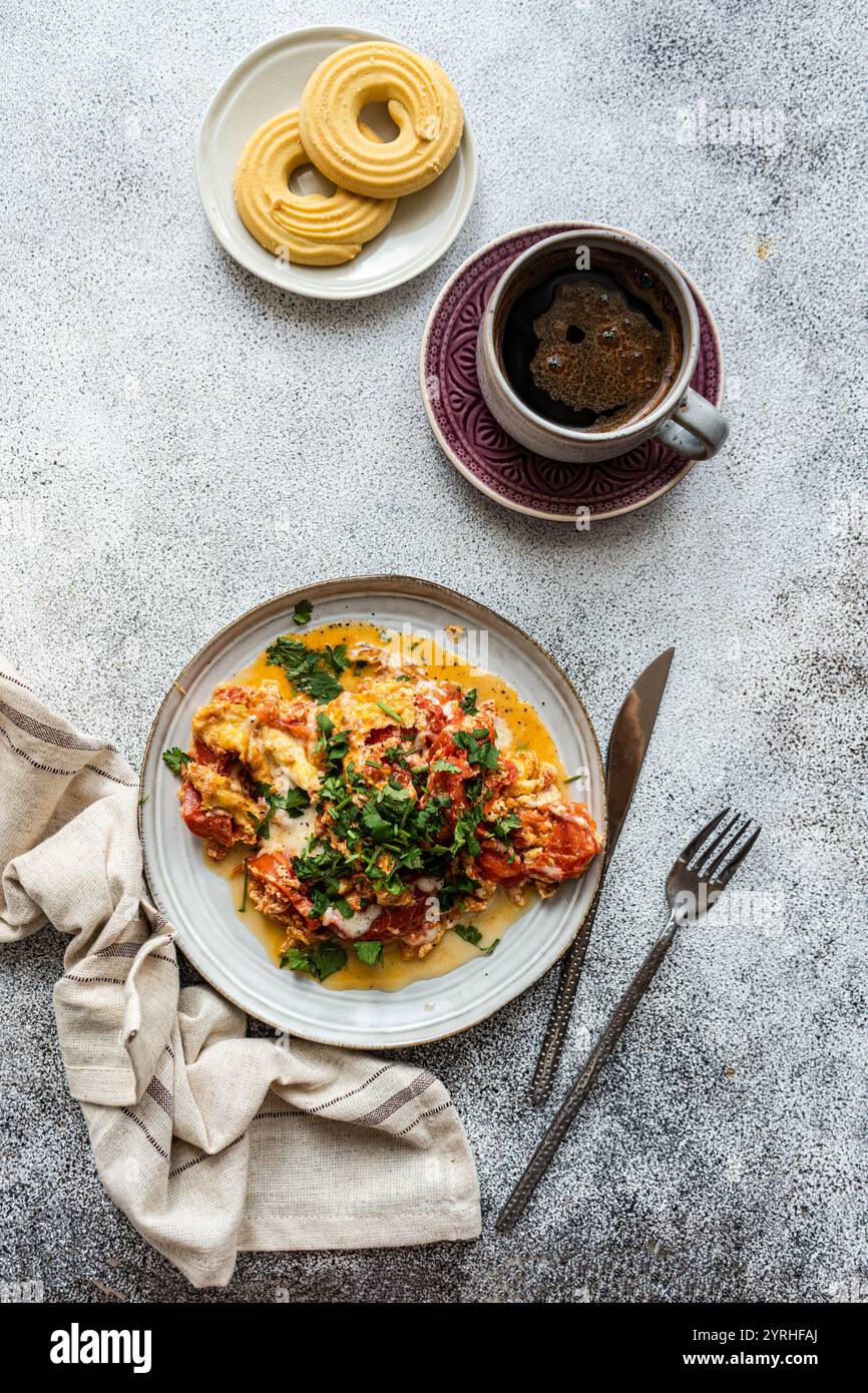 Enjoy a delicious breakfast featuring a chicken egg omelet with ...