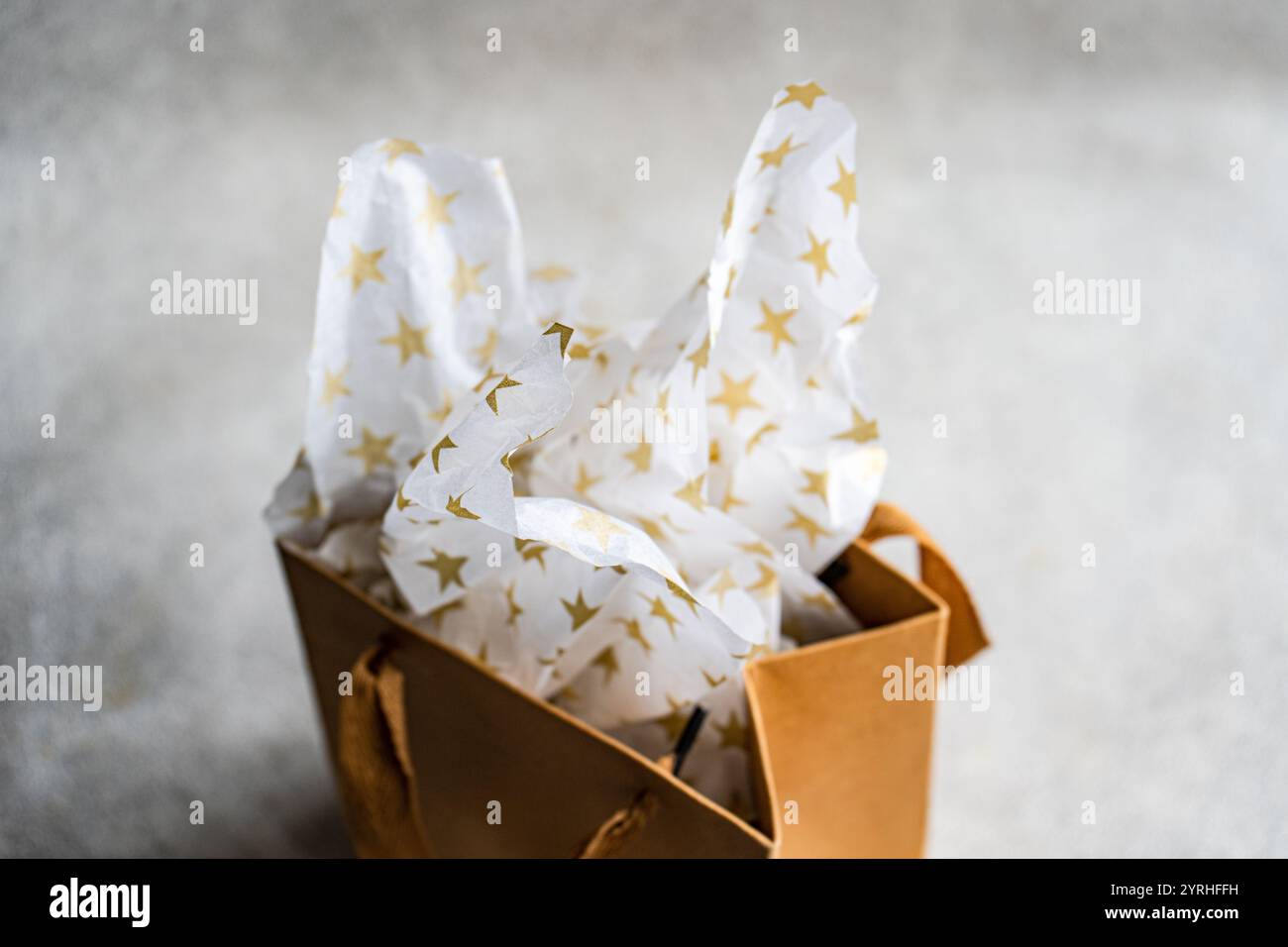 A close-up of a stylish brown gift bag with white tissue paper adorned ...