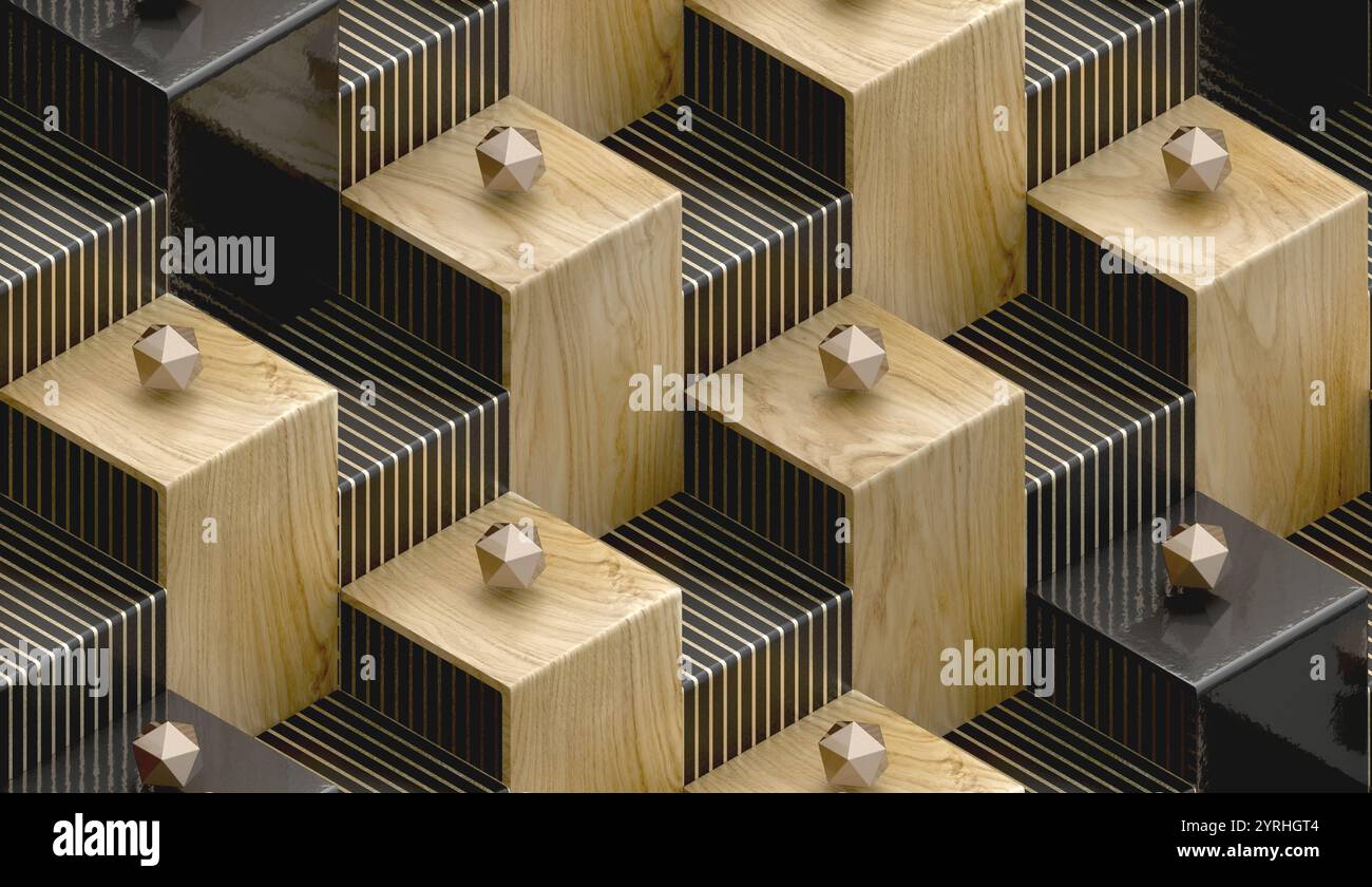 A 3D illustration of geometric box stairs with wooden textures and ...