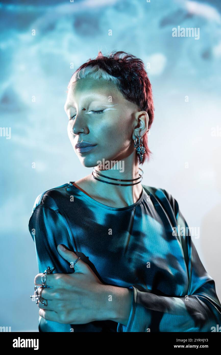 Futuristic woman portrayed in a metaverse setting, her style ...