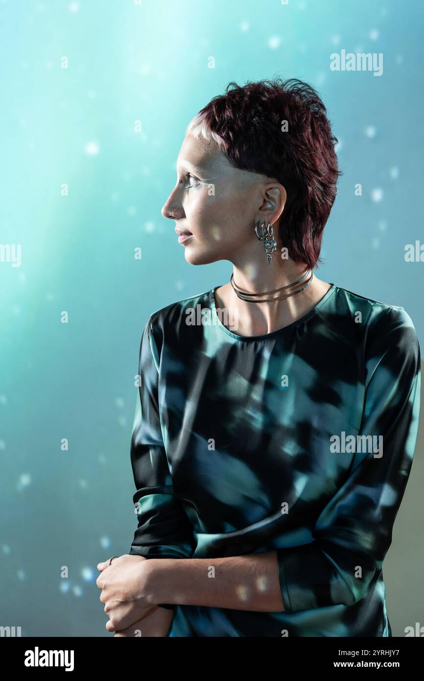 A visionary portrait of a woman in the metaverse, featuring cyberpunk ...