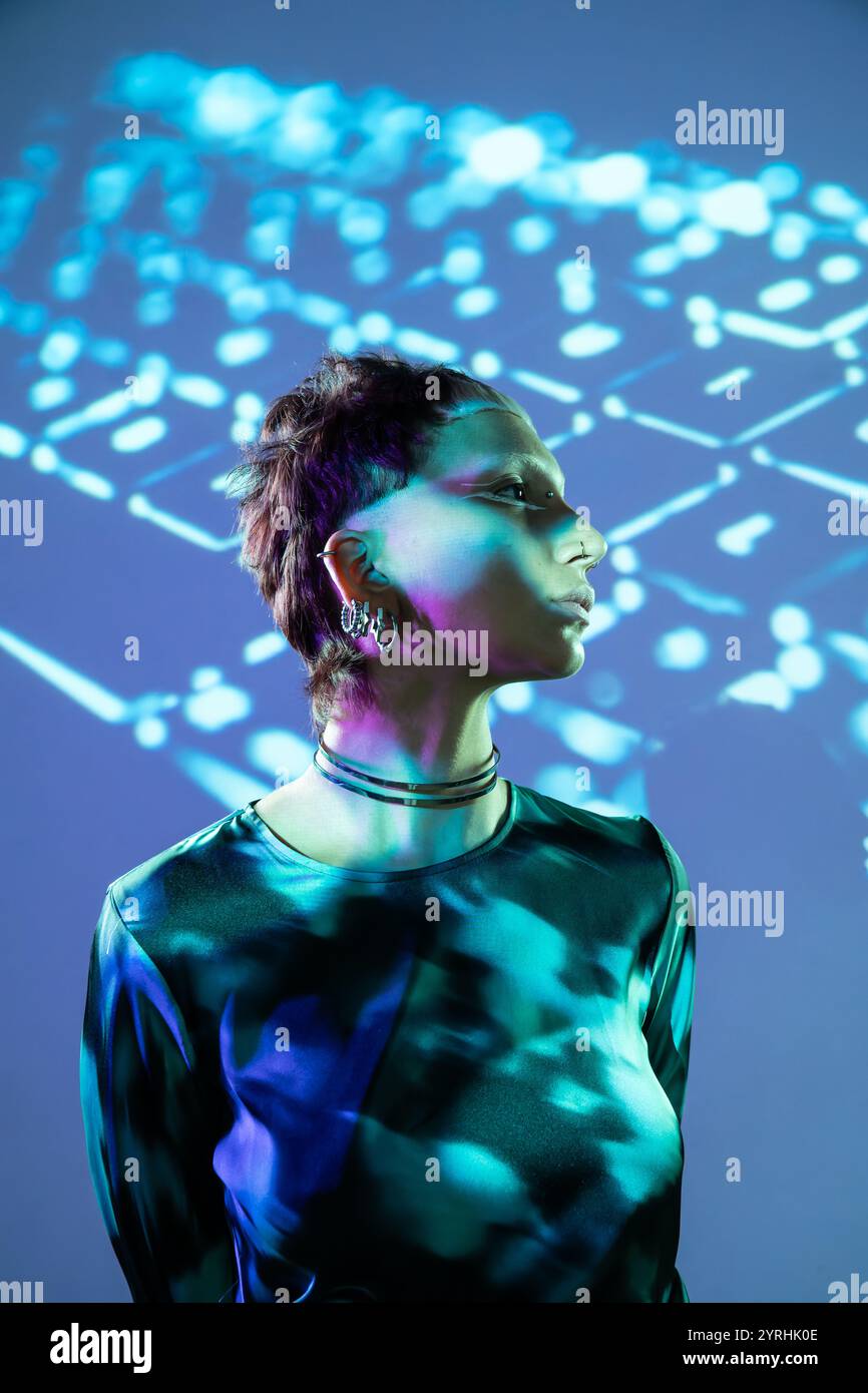 A visionary depiction of a woman engrossed in the metaverse as she is ...