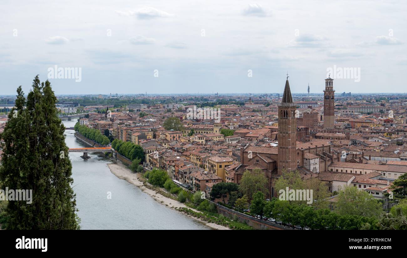 Scenic aerial view of Verona with the Adige River winding through the ...