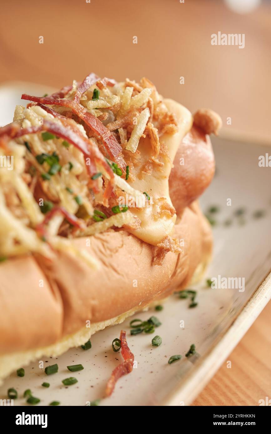 Savory gourmet hot dog topped with crunchy fried onions hi-res stock ...