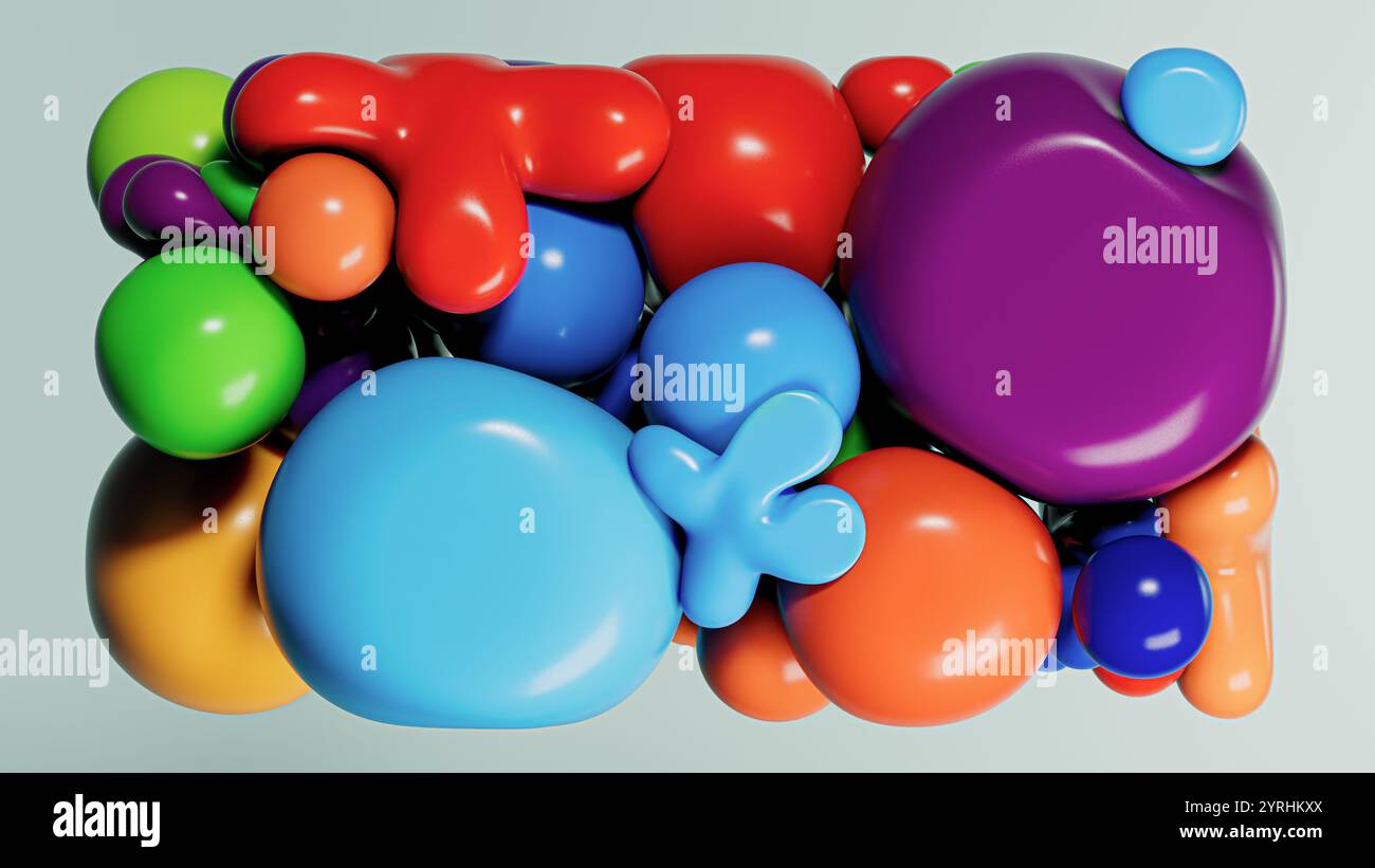 This 3D illustration features an array of colorful and soft balloons in ...