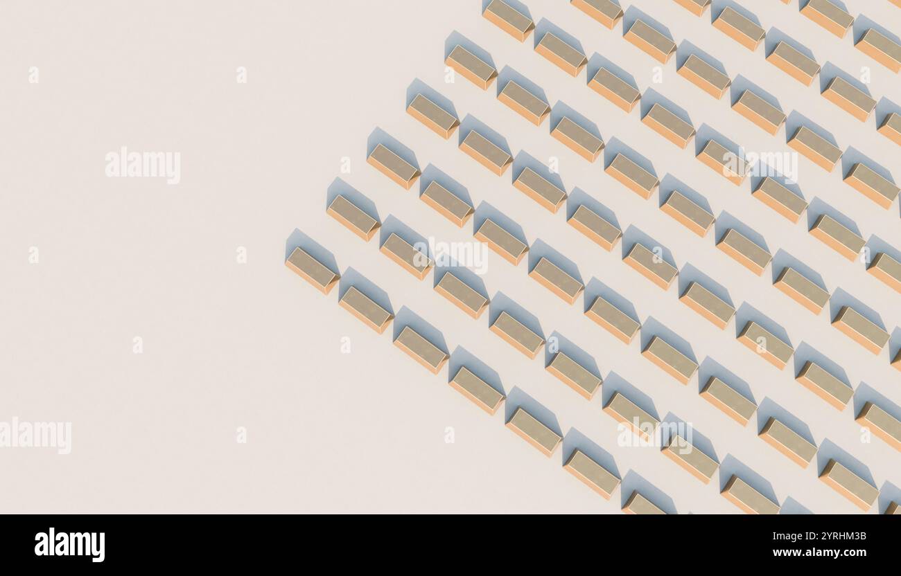 A 3D render of gold bars arranged in a neat, geometric pattern, casting ...