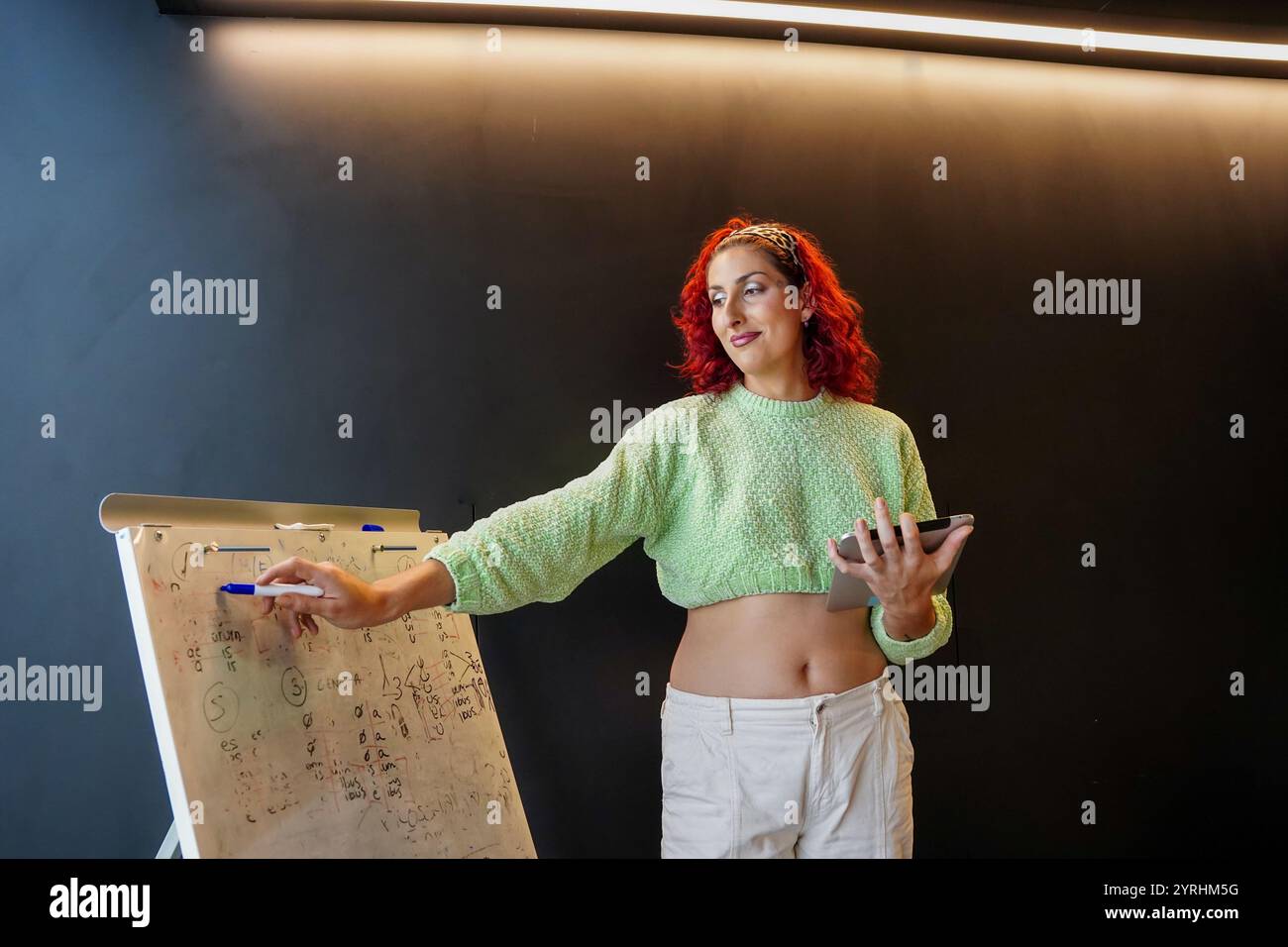 A confident trans woman stands beside a whiteboard, presenting with ...