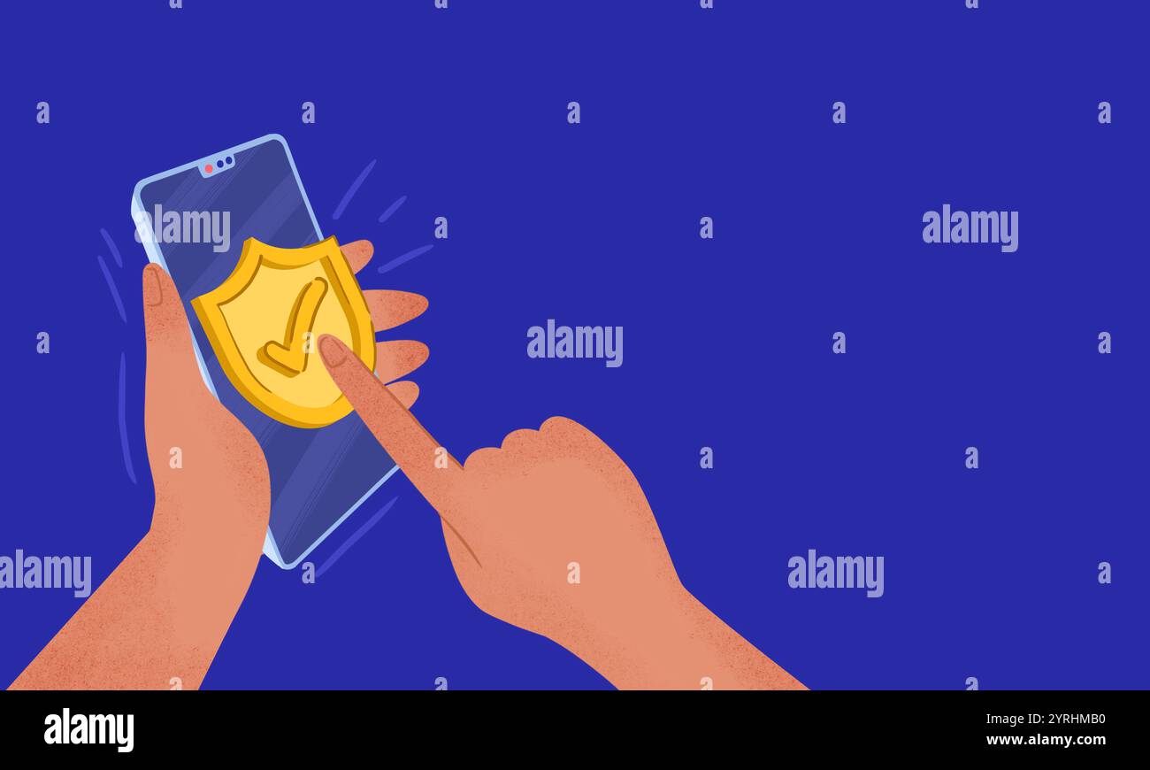 Illustration of secure online shopping using a smartphone A hand taps a ...