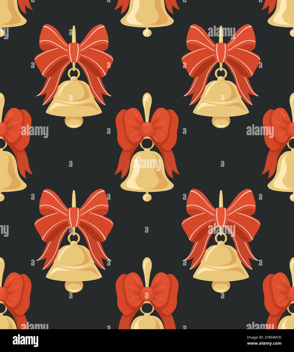 Festive seamless pattern with bells with red bows on dark background in ...