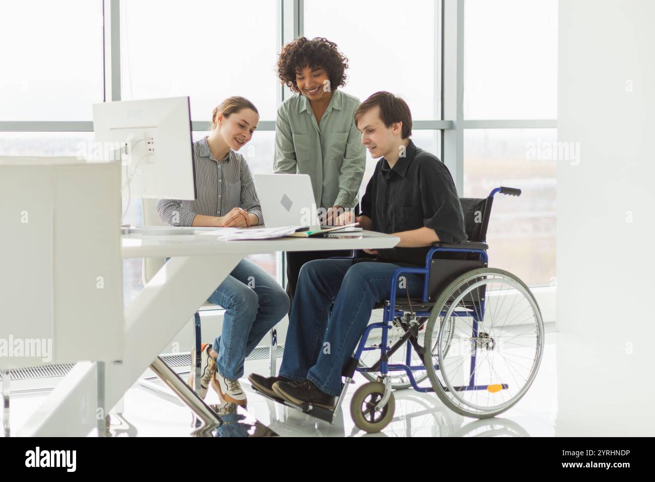 Teamwork brainstorm. Diverse multiracial colleagues man in chair for ...