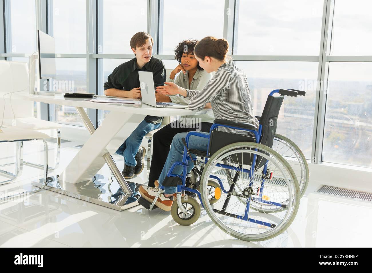 Teamwork brainstorm. Diverse multiracial colleagues woman in chair for ...