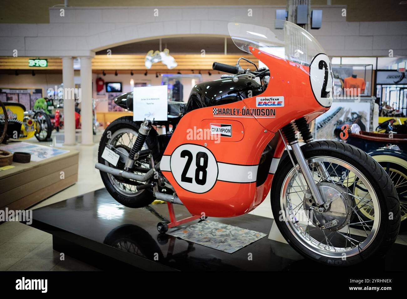 A 1953 Harley-Davidson KR750 motorcycle with the number 28 on Display ...
