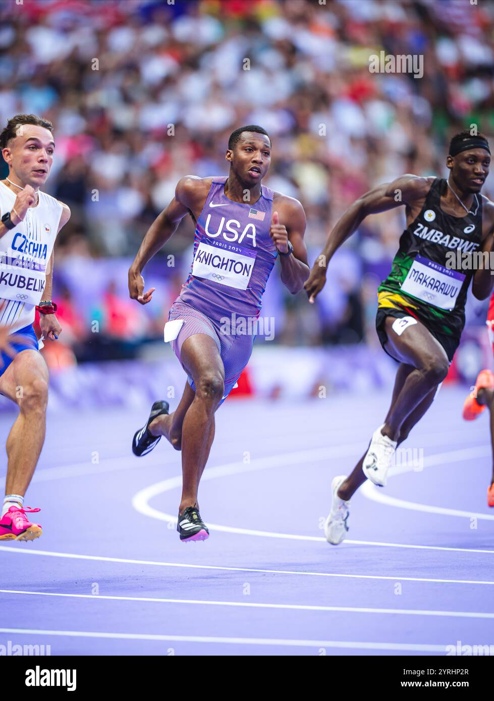 Erriyon Knighton participating in the 200 meters at the Paris 2024 ...