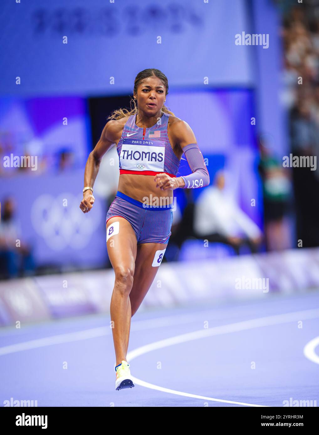 Gabrielle Thomas participating in the 200 meters at the Paris 2024 ...