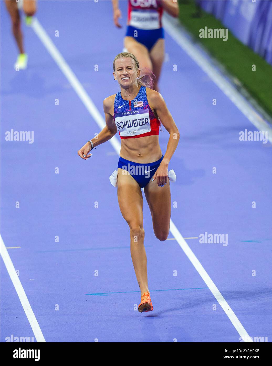 Karissa Schweizer participating in the 1500 meters at the Paris 2024 ...