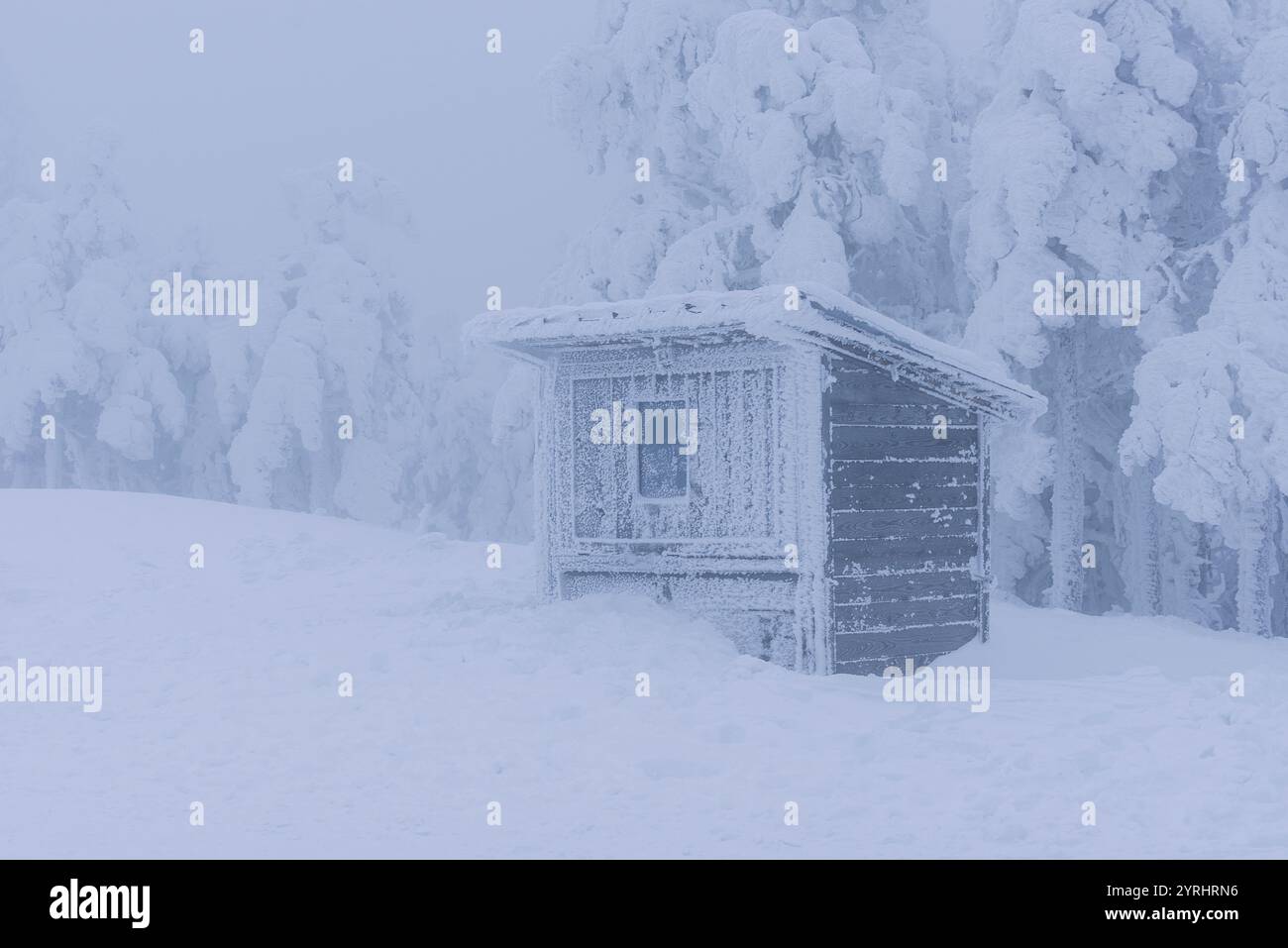 Cold winter scene, heavy snow on mountain hut at rural area Stock Photo ...