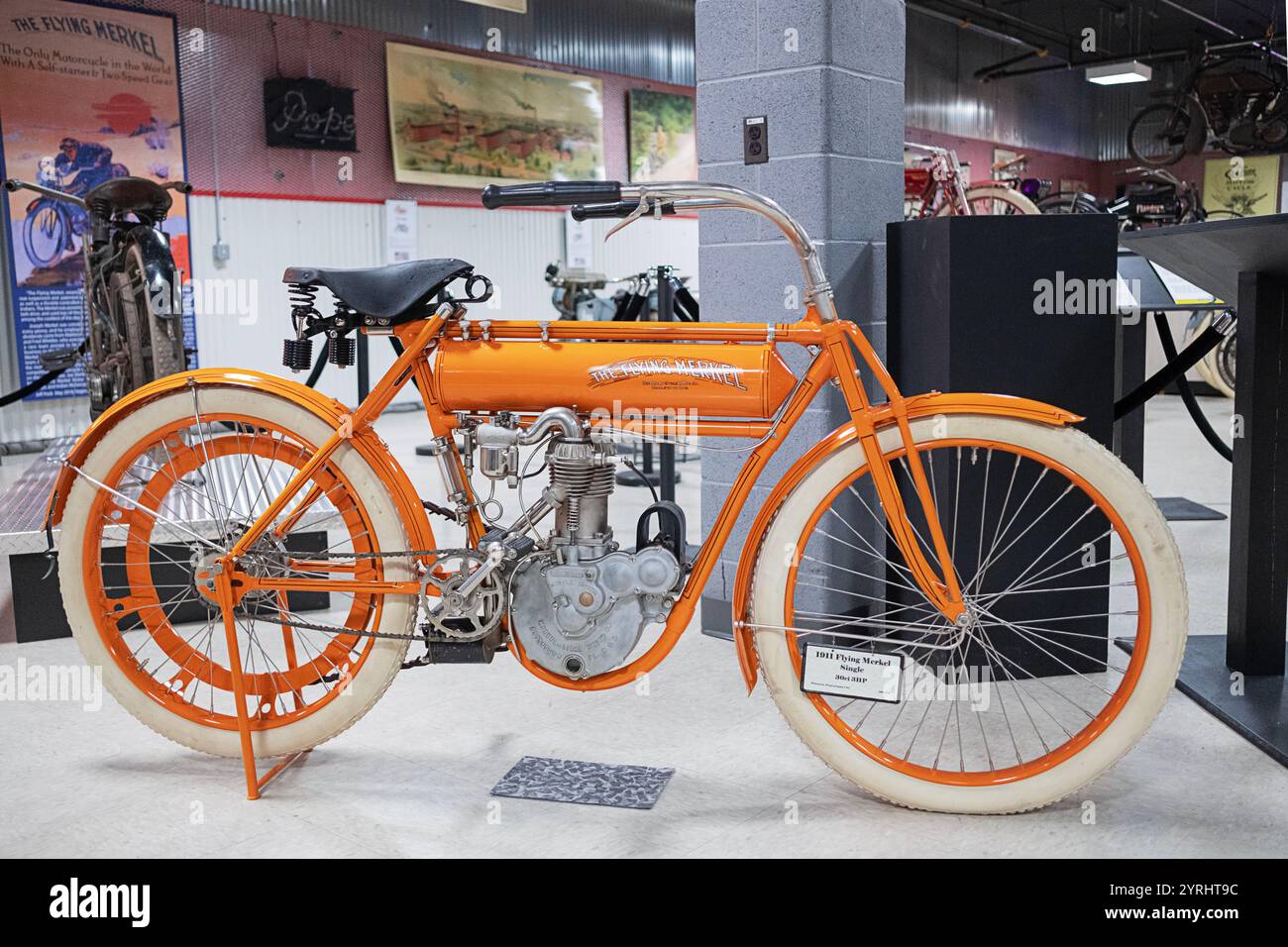 An orange 1911 Flying Merkel motorcycle as displayed at the Motorcyclepedia Museum in Newburgh ...
