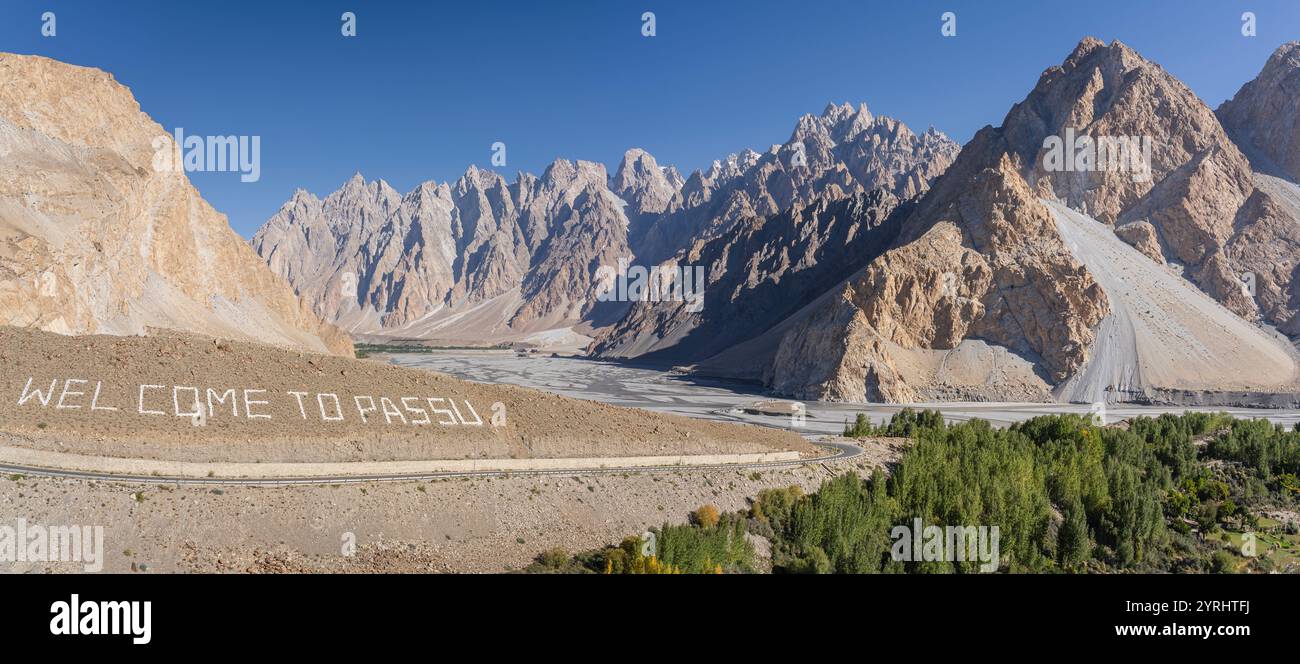 Scenic mountain landscape panorama in Hunza river valley with Tupopdan ...