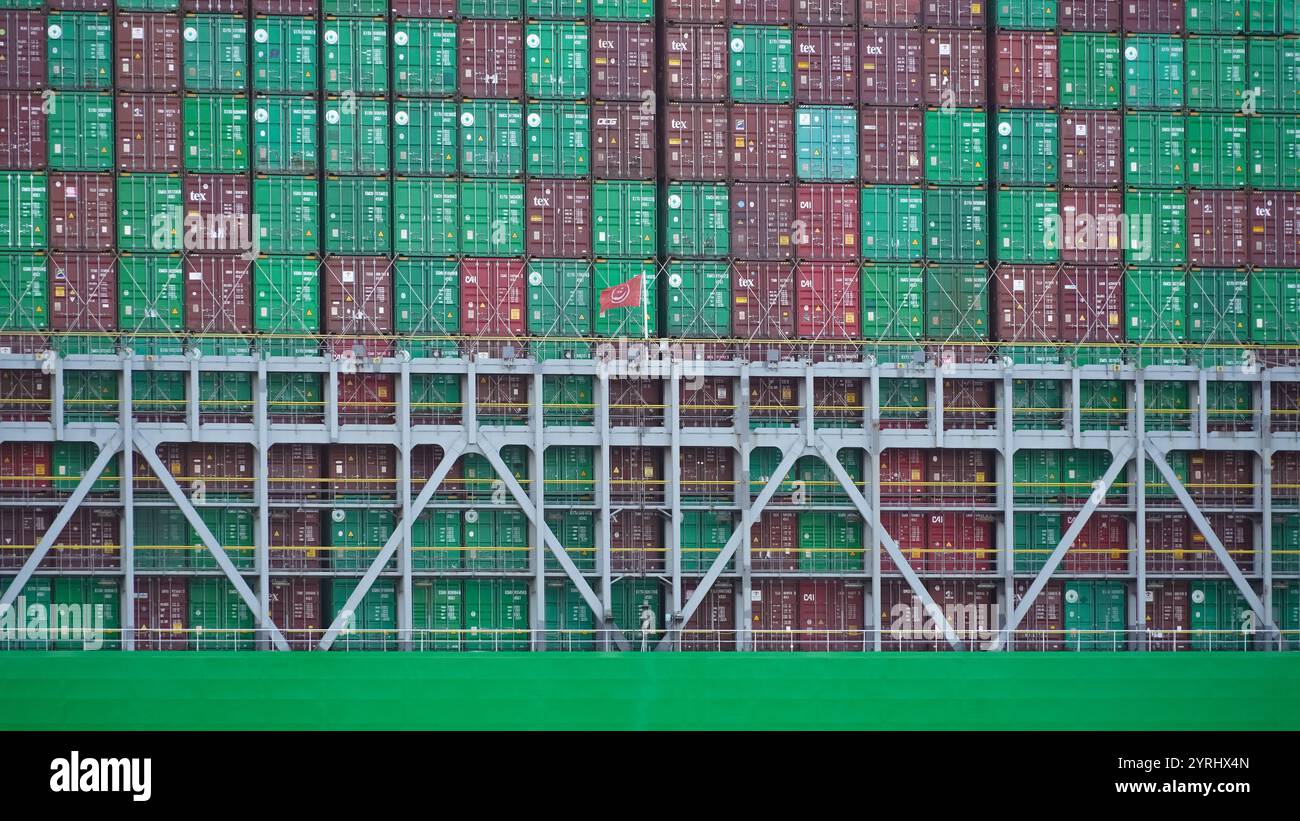 "Stacked containers on a huge container ship in the port of Hamburg ...