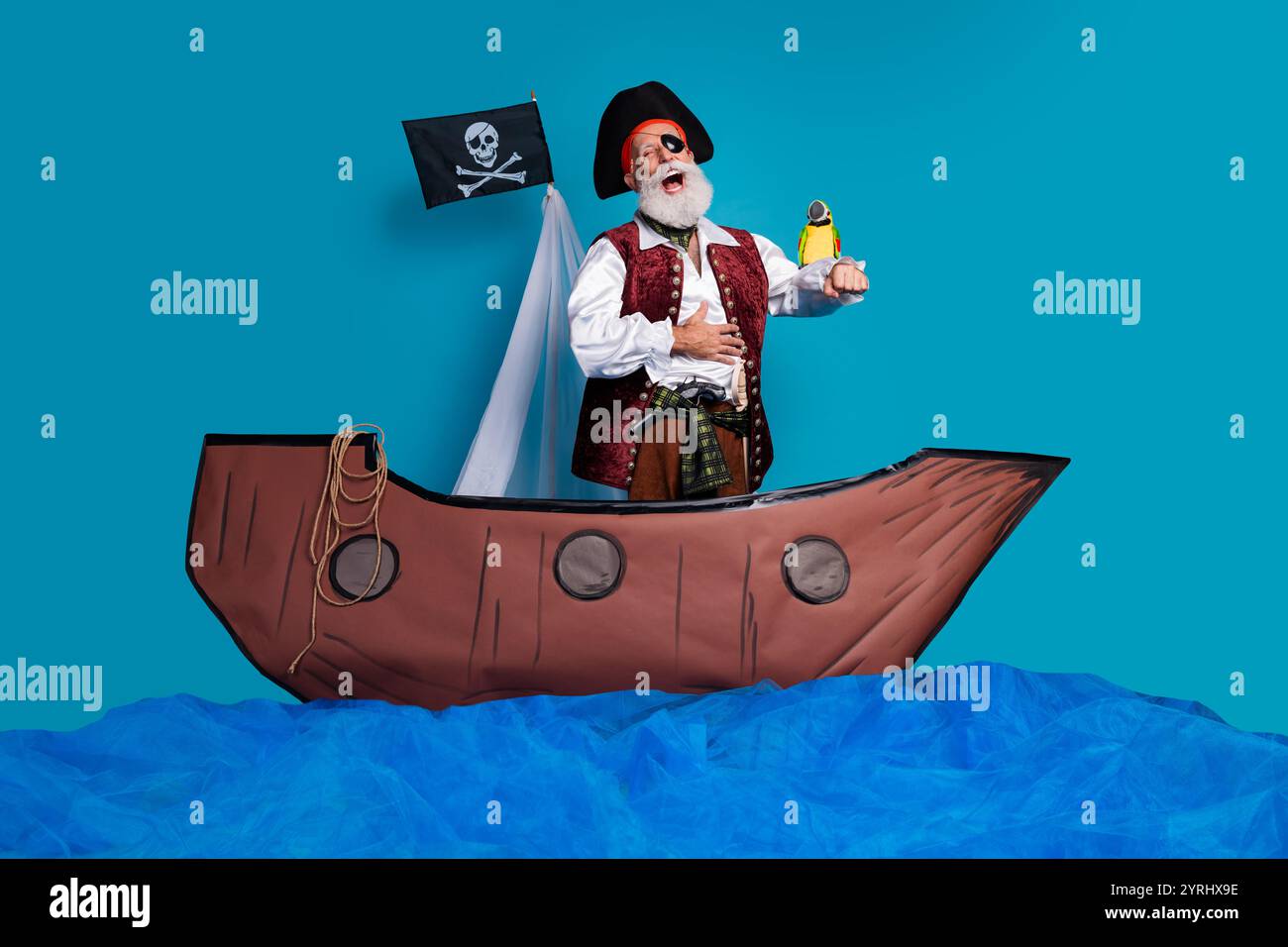 Photo of funny hilarious pirate wearing traditional costume swimming in ...