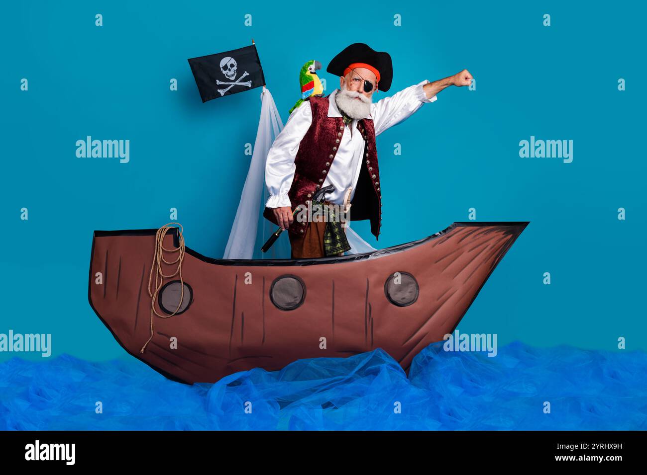 Photo of strong brave pirate wearing traditional costume swimming ...