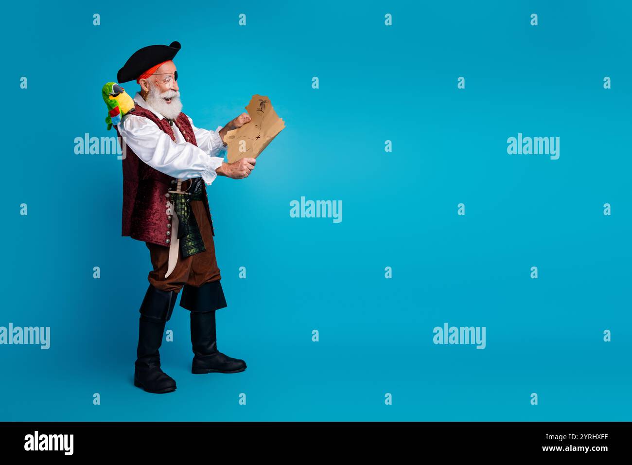 Full body photo of bearded pirate man hold treasure map wear hallooween ...