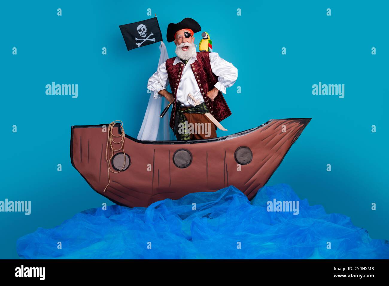 Full size photo of old funny pirate male stand ship dressed carnival ...